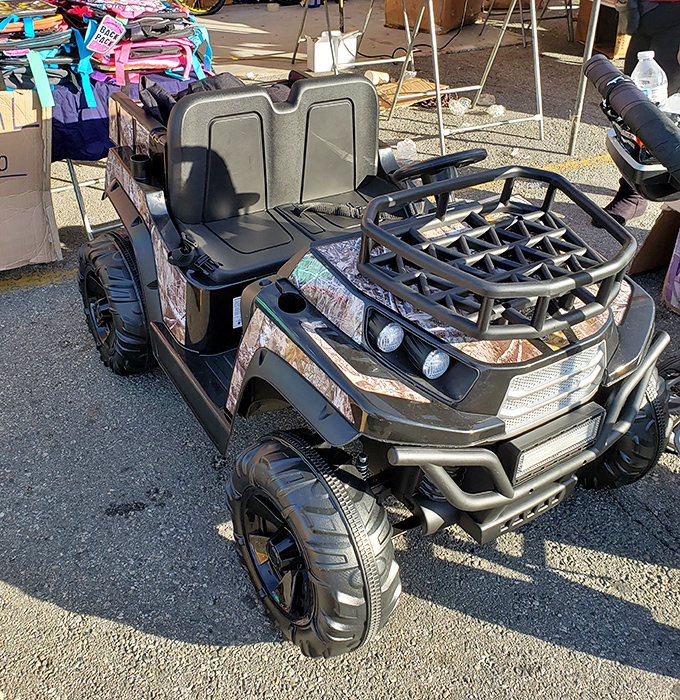 Camouflage ride-on toys for future outdoorsmen who prefer comfort over actual wilderness adventures. 