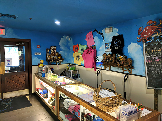 Even the retail corner embraces the nautical theme, with blue skies painted overhead and merchandise that lets you take a bit of Harry's home.