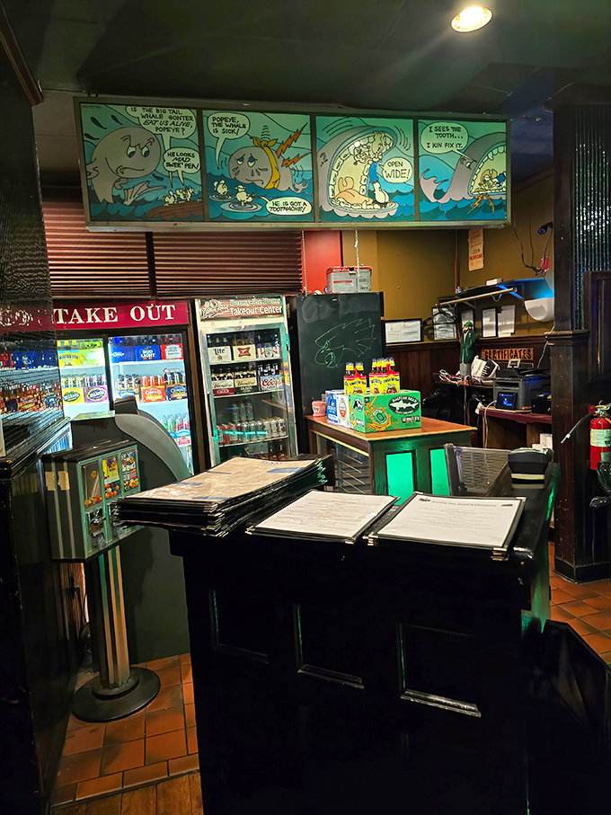The whimsical seafood cartoon above the takeout counter captures Benny's playful spirit&mdash;serious about seafood but never taking itself too seriously.