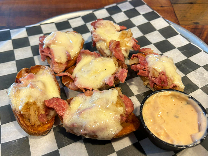 Reuben skins&mdash;the brilliant food mashup nobody asked for but everyone needs. Potato skins and Reuben fillings having the perfect love affair.