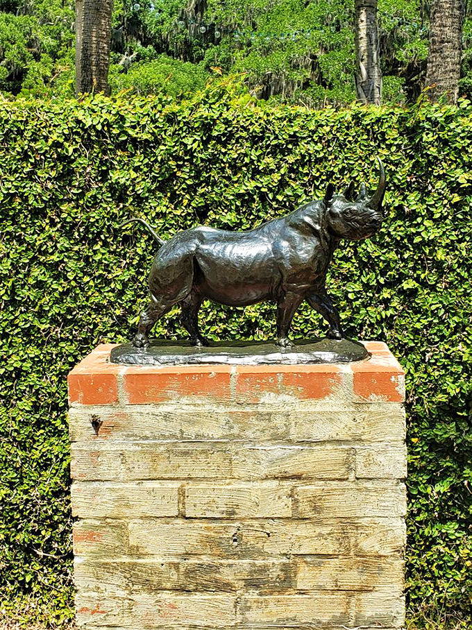 This bronze rhinoceros stands guard among the hedges, possibly the most dignified lawn ornament in South Carolina history.