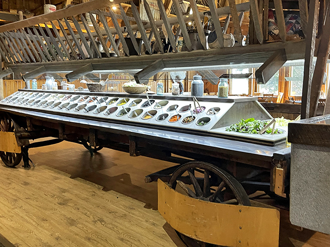 Not just any salad wagon &ndash; a magnificent chariot of freshness built on actual wagon wheels. Farm-to-table before it was trendy.