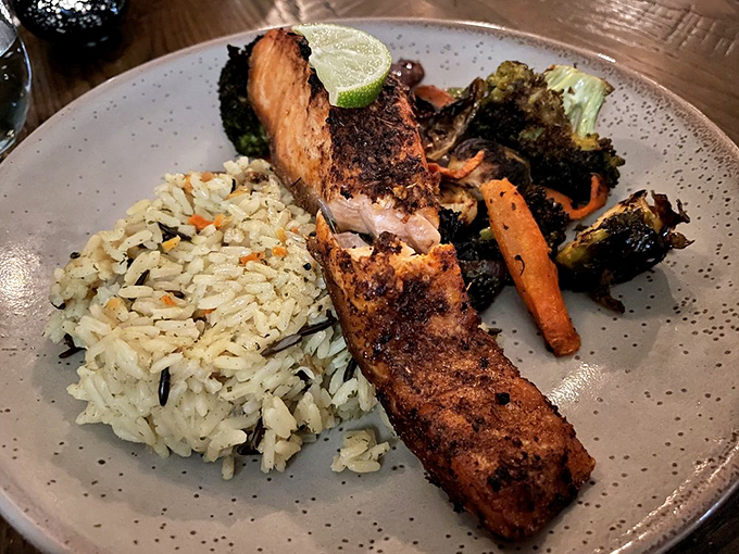 Salmon that looks like it jumped straight from stream to plate, with rice that's actually interesting&mdash;a rare achievement in the starch world.