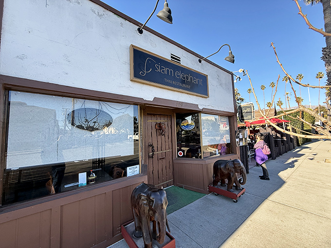Siam Elephant's wooden door and guardian statues promise authentic Thai flavors that transport your taste buds across oceans without the jet lag.