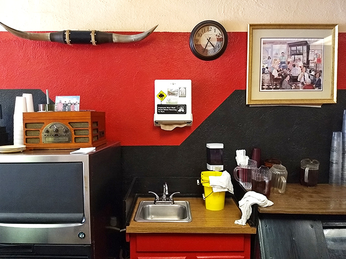 The red and black wall paint isn't trying to be trendy&mdash;it's been there since before "accent walls" were a thing people discussed at dinner parties. 