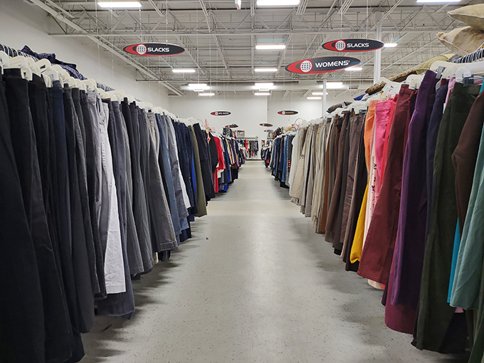 The slacks section stretches toward the horizon, a testament to Michigan's appreciation for practical pants in every conceivable color.