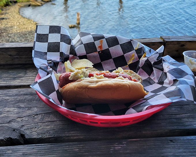 A waterfront hot dog that proves even the simplest foods taste better when eaten with a view of the water that supplied your main course.