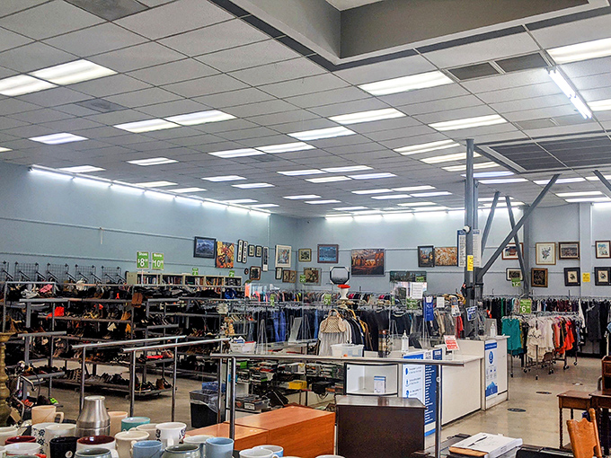 The expansive layout invites exploration, with clothing racks stretching toward artwork-adorned walls in this thrifter's paradise.