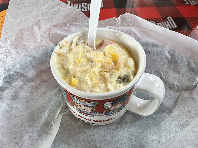 This isn't just soup&mdash;it's a warm, creamy hug in a mug, served with a side of nostalgia in classic diner dishware.