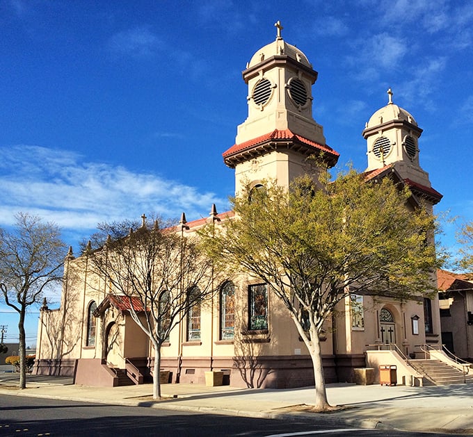 St. Stanislaus Church's twin domes reach toward a perfect Central Valley sky, its Spanish-influenced architecture reflecting the region's diverse cultural heritage.