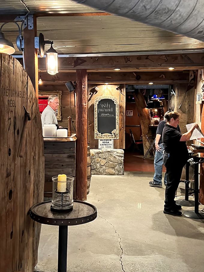 The staff moves with purpose through the rustic interior, guardians of a steakhouse tradition that values substance over style.