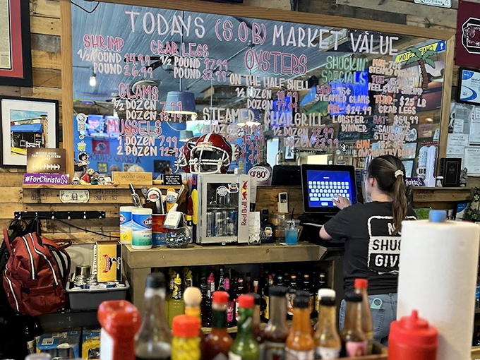 The market price board &ndash; a colorful reminder that you're eating what the ocean decided to share today. Fresh isn't just a promise, it's the business model.