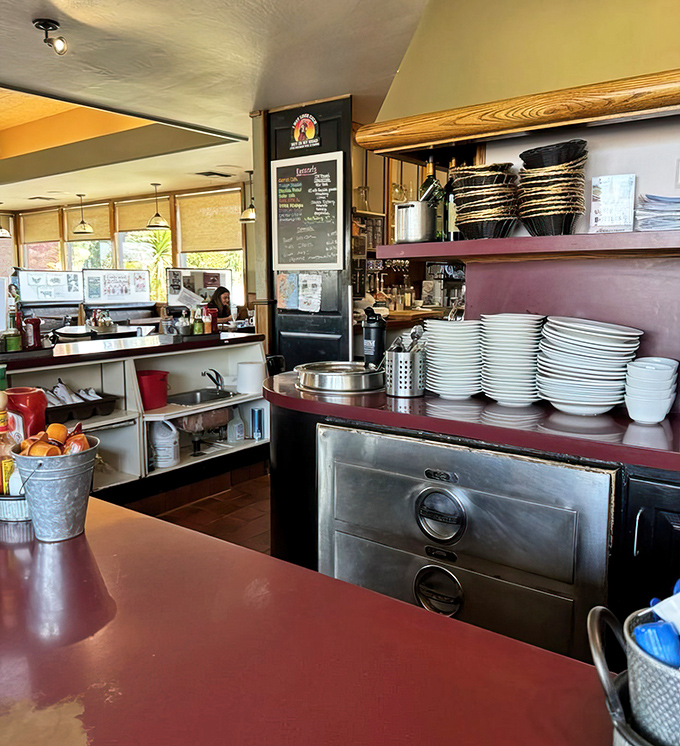 Behind every great breakfast is a well-organized kitchen station where plates wait to become vehicles for morning deliciousness.