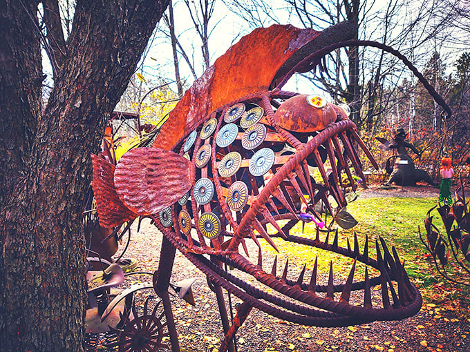 This isn't your average angler's catch! The fearsome metal fish with circular patterns and razor teeth would make even Hemingway's old man flee the sea.