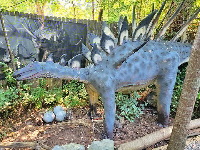 This blue-plated Stegosaurus comes complete with eggs! Apparently, dinosaur family planning included leaving the nest right next to the walking path.