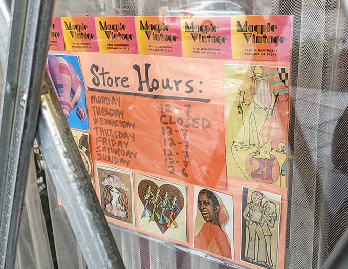 Even the store hours sign is vintage-cool. Closed Wednesdays because hunting for tomorrow's treasures requires at least one day of recovery.