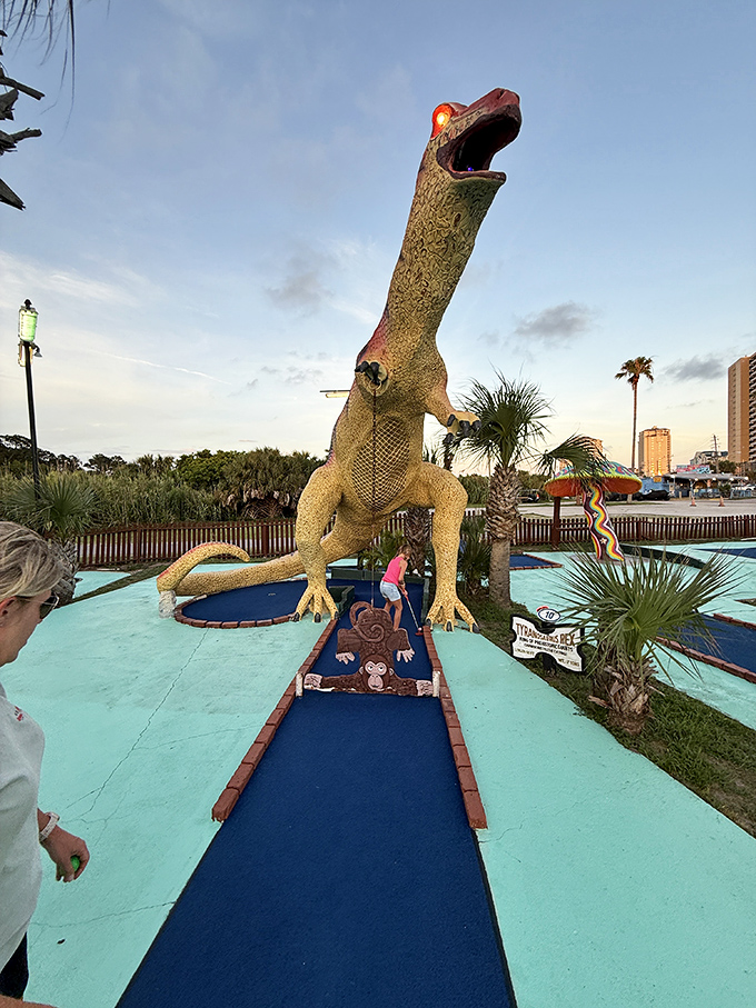 "I'm not sure my arms are long enough for this selfie!" This T-Rex has been terrorizing golf balls since long before Jurassic Park hit theaters.
