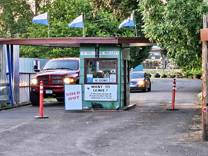 "If you leave, you left"&mdash;the exit booth's no-nonsense policy delivered with small-town charm and a touch of drive-in wisdom. 