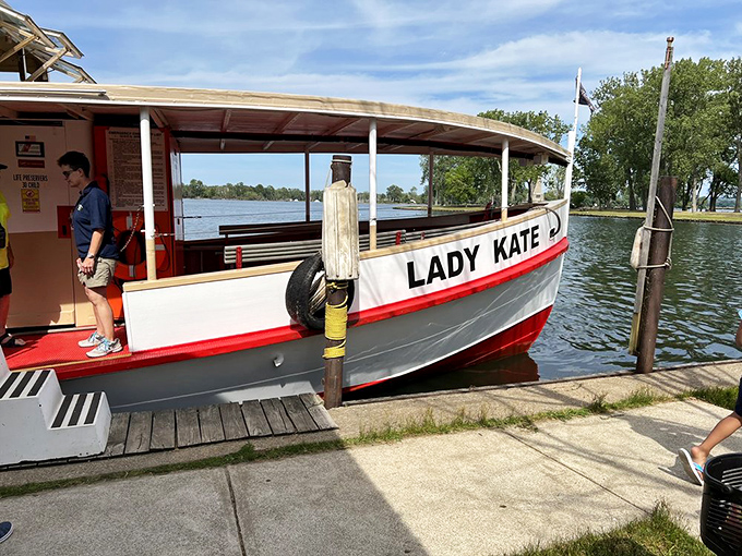 The Lady Kate offers leisurely tours where passengers become temporary sailors exploring Erie's hidden waterways.