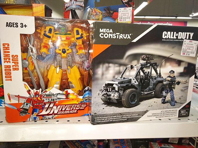 Transformers meet Call of Duty in the toy section, where childhood dreams come at parent-friendly prices.
