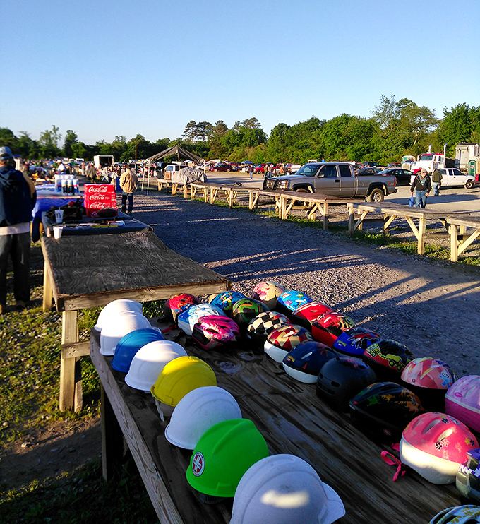 Safety meets style in this helmet display. From construction sites to bicycle trails, protection never looked so colorful.
