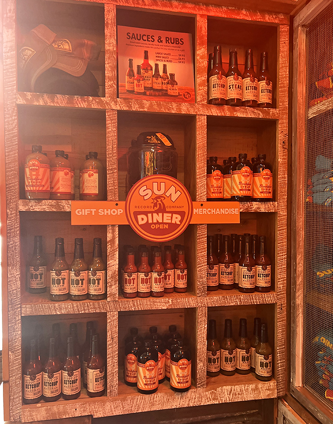 The gift shop wall displays sauces and rubs for those who want to take a taste of Nashville home. Souvenirs you can actually use!