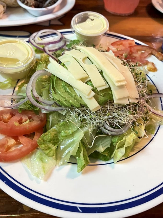 A garden on a plate that somehow doesn't feel like punishment, with avocado and cheese making vegetables suddenly seem like a brilliant idea.