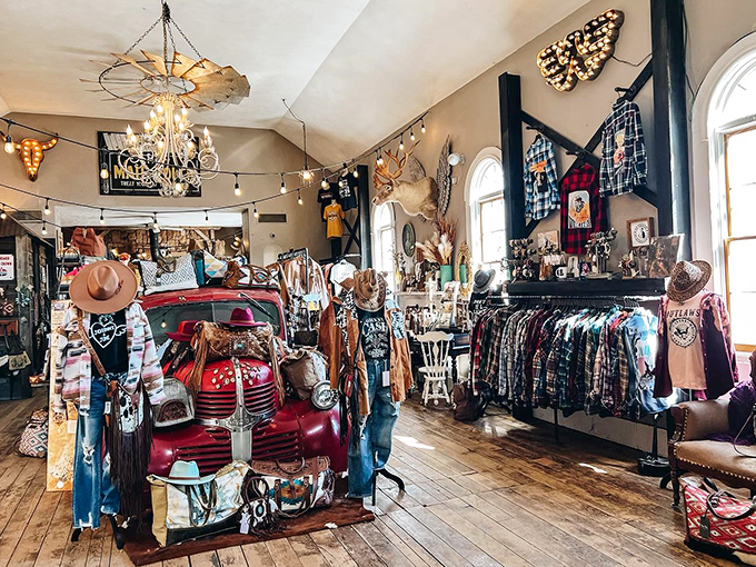 Not your average clothing store! This vintage boutique corner features a classic truck as its centerpiece&mdash;because shopping should be an adventure.