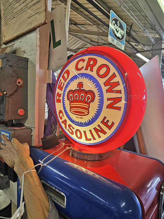 Red Crown Gasoline signage reminds us when filling up was ceremony, not just financial punishment ritual.