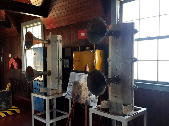 These vintage fog horns once bellowed warnings across the water. Before GPS, these mechanical lungs were a sailor's best friend in the soup.