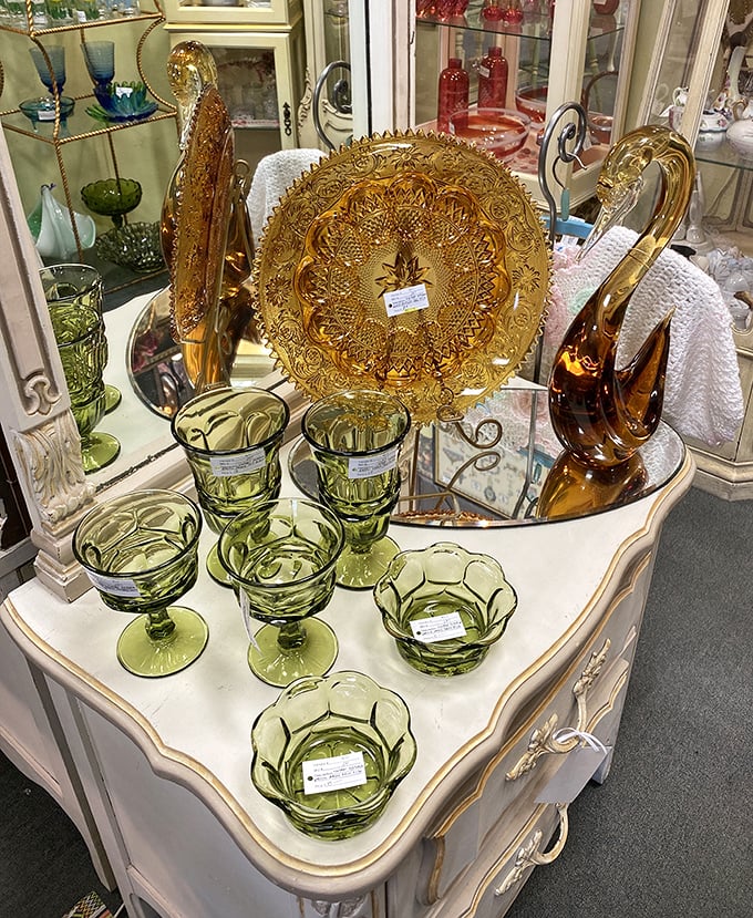 Amber and green glassware catching light like liquid sunshine. Your grandmother would approve, your dinner guests will covet.