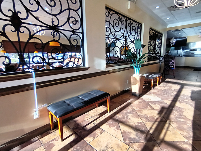 The waiting area's decorative ironwork and warm tones say, "Relax, you're about to experience something wonderful." Worth every anticipatory minute.