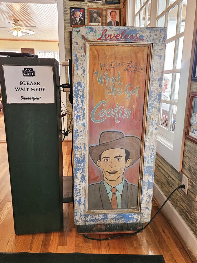 "Hey! Good Lookin', What Cha Got Cookin'" &ndash; this vintage sign captures the spirit of Loveless: unpretentious, welcoming, and ready to feed you right. 