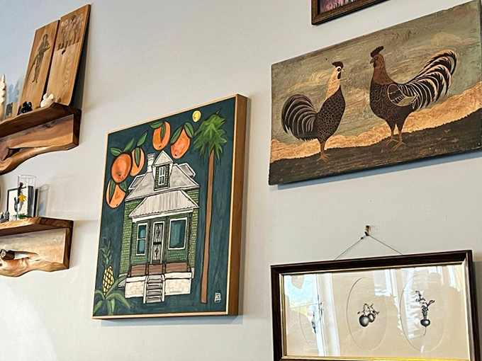 The wall art isn't just decoration—it's a visual love letter to Florida, complete with roosters standing guard over your breakfast experience.