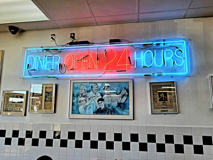 That neon "DINER OPEN 24 HOURS" sign isn't just decoration—it's a promise that hunger knows no schedule here.