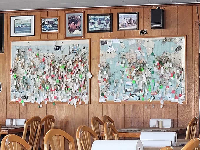 The wall of business cards and notes isn't decoration&mdash;it's a physical Yelp review from the days before smartphones.