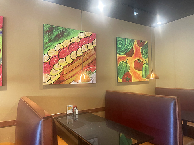 Colorful food artwork adorns the walls, celebrating breakfast in all its glorious, delicious forms.