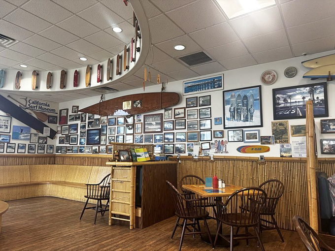 The walls don't just display surfboards&mdash;they chronicle California's wave-riding history in a museum-worthy collection that entertains between bites.