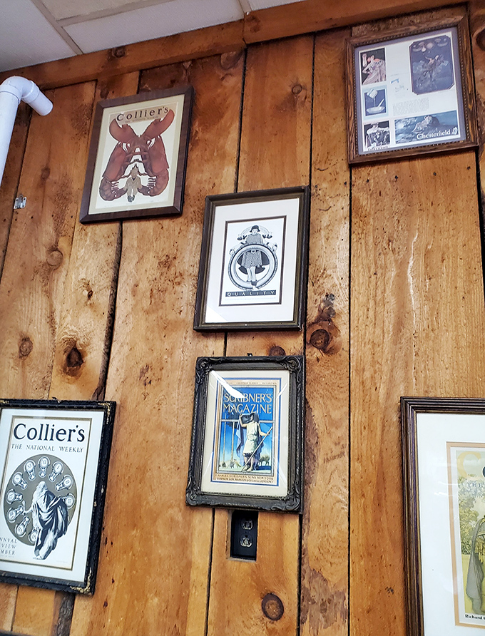 Vintage Collier's magazine covers adorn wood-paneled walls, creating an atmosphere where time slows down just enough to savor every bite.
