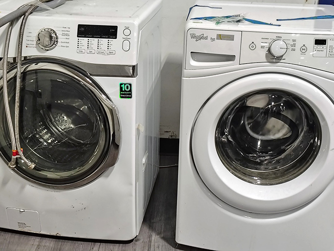 Modern washing machines looking for new homes. Clean clothes and clean conscience &ndash; the perfect laundry room upgrade.