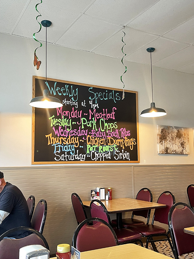 Weekly specials board that promises a different comfort food journey each day. Thursday's chicken and dumplings might change your life.