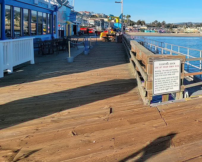 The wharf's weathered planks tell stories of decades of fishermen, tourists, and locals enjoying Monterey Bay's bounty.