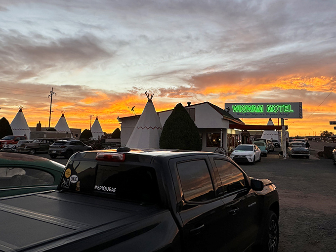 Sunset transforms the Wigwam Motel into a golden-hour photographer's paradise worth every social media post.
