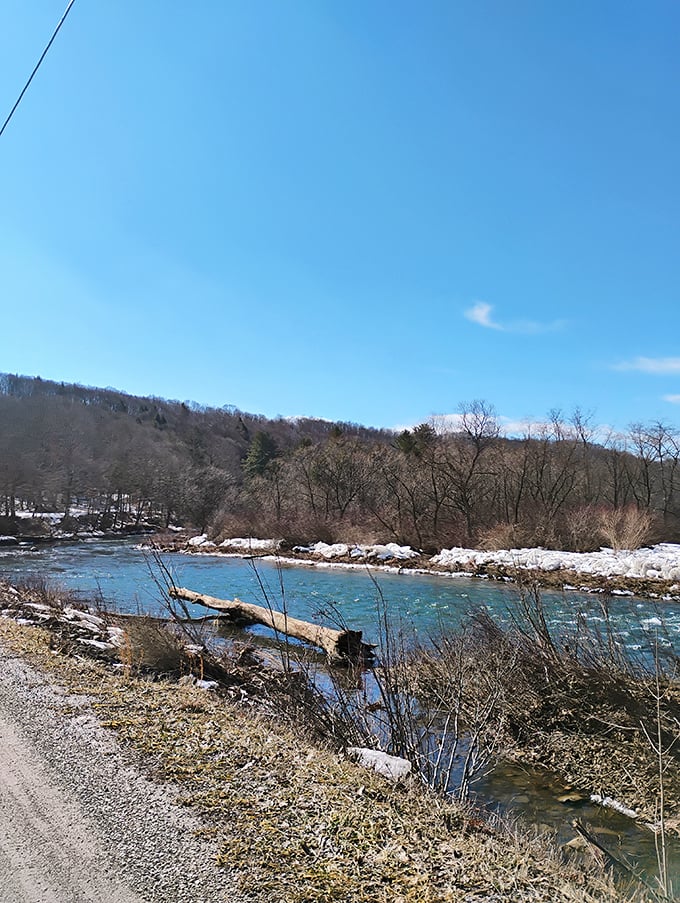 Winter reveals the creek's other personality—a rushing, ice-fringed waterway that has tested the bridge's foundations for generations.