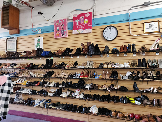 The footwear wall &ndash; where hundreds of shoes await their Cinderella moment, proving one person's castoff is another's perfect fit.