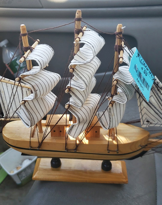 Ahoy, treasure hunters! This miniature sailing ship represents the unexpected gems waiting to be discovered. No need for a pirate map&mdash;just a keen eye.
