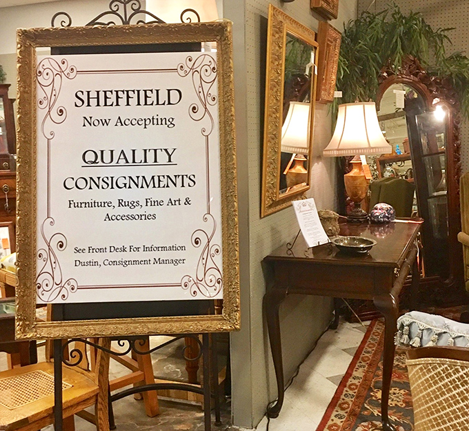 Even their signs come framed in ornate gold &ndash; Sheffield's commitment to quality extends to their consignment program for furniture, rugs and art.