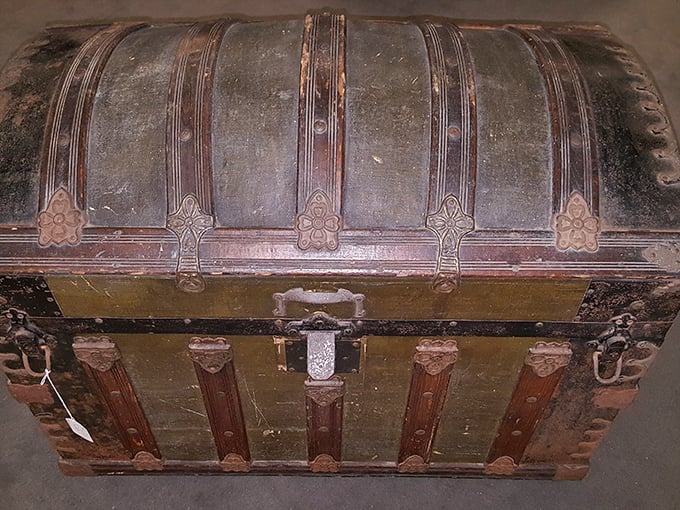 A genuine steamer trunk that's traveled more miles than most modern suitcases &ndash; adventure incarnate in leather and brass.