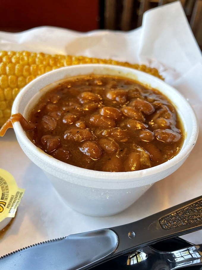 Baked beans that have clearly been simmering alongside the barbecue, absorbing all those magical meat drippings. Protein-enhanced vegetables at their finest. 
