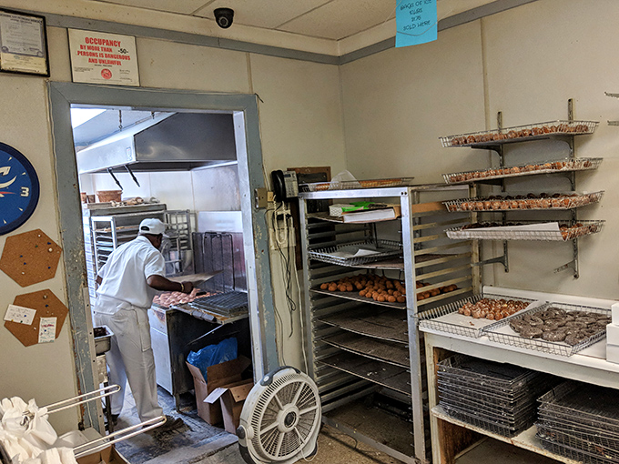 Behind the scenes where magic happens. Those racks of freshly made donuts are like a backstage pass to breakfast heaven.